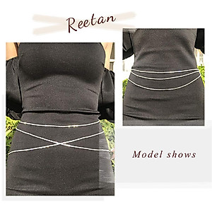 Reetan Boho Crystal Waist Chain Silver Belly Chain Body Chain Rave Body Jewelry Party Nightclub Body Accessories for Women and Girls (Set1-Layered Crystal)