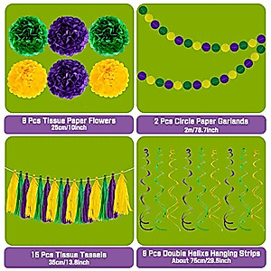 32PCS Mardi Gras Decorations Party Favors Supplies, Mardi Gras Decor Props Backdrop, Hanging Swirl Tissue Paper Pom Poms Garland Flowers for Birthday Baby Shower