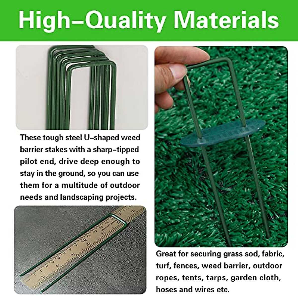 Bakulyor 50pcs Green Artificial Turf Stakes Staples + 50pcs Buffer Washer, 6 Inch 11 Gauge Landscape Staples, Galvanized Lawn Spikes, Heavy Duty Yard Ground Pin for Grass Weed Barrier Sod Fabric