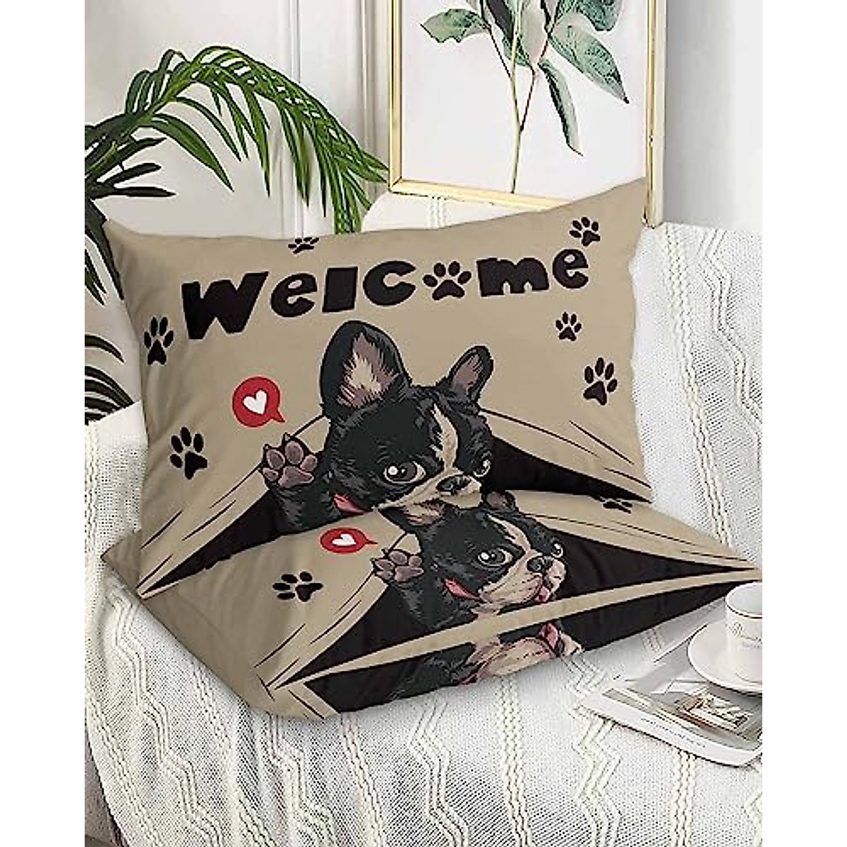 Edwiinsa Funny Cute Love Heart Dog Pillow Covers Standard Size Set of 2 20x26 Bed Pillow, Black Paws Rustic Beige Plush Soft Comfort for Hair/Skin Cooling Pillowcases with Envelop Closure