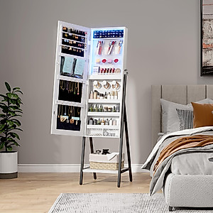 LVSOMT 3 LEDs Mirror Jewelry Cabinet, 42.5" Jewelry Mirror with Full Lenght Mirror, Standing Jewelry Mirror Armoire, Mirror with Storage for Jewelry Cosmetics, White