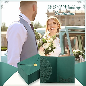 PerKoop 100 Set 5 x 7 Laser Cut Wedding Invitations with Envelopes and Wax Seal Stickers Pocket Wedding Invitation Cards Blank Invitation Kit for Wedding Bridal Shower Engagement Invite (Dark Green)