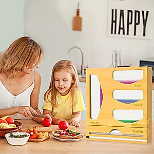 Foil and Plastic Wrap Organizer with Bag Storage Organizer, Bamboo Wrap Dispenser with cutter, Food Storage Bag Organizer for Gallon, Quart, Sandwich, Snack