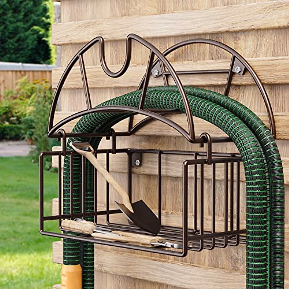 Hose Reel Garden Hose Holder,Water Hose Holder Wall Mount,Heavy Duty Metal Hose Hanger with Tool Storage Basket,Outdoor Hose Stands for Outside Garden Yard Garage