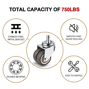 W B D WEIBIDA Office Chair Wheels Replacement, 2 Inch Dual Rubber Chair Caster Wheels, Smooth & Quite Casters for Hardwood Floor and Carpet, Universal Size Stem, Heavy Duty Load Up to 750 lbs,Set of 5