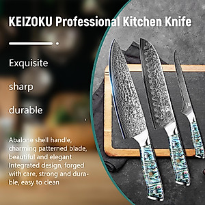 KEIZOKU Damascus Steel Santoku Knife 7 Inch, Japanese Professional 10Cr15MOV Blade with Hand Forged Hammer Pattern, Ultra Sharp Kitchen Knife with Abalone Shell Ergonomic Handle