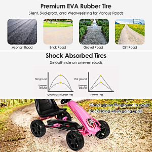 Costzon Pedal Go Kart for Kids, 4 Wheels Pedal Powered Ride on Toy, Outdoor Racer Children's Foot on Riding Car w/Adjustable Seat, Rubber Tires & 2 Brakes for Boys & Girls Age 3 to 8 (Pink)