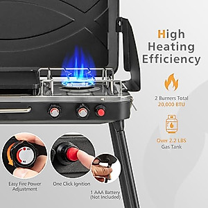 Giantex 2-in-1 Gas Camping Grill and Stove, Portable Propane Grill Burner with Dual Control Knobs, Detachable Legs, 3-Sided Wind Screen, Gas Hose with Regulator, 20,000 Total BTUs (Black)