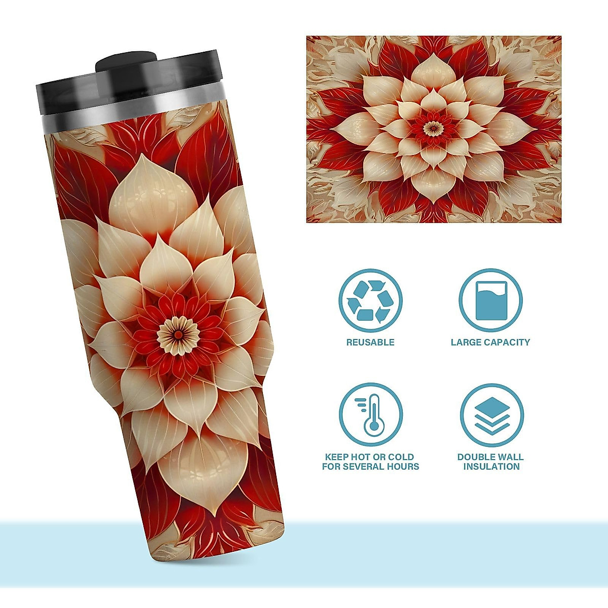 FRCSDIY Mandala Flower Insulated Tumbler with Handle and Straw Lid,30oz Leakproof Stainless Steel Cup BPA-Free Water Bottle