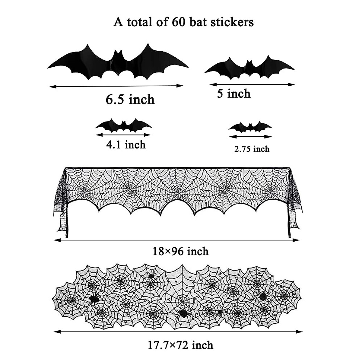 4 Pack Halloween Decorations Tablecloth Runner Black Lace Round Spider Cobweb Table Cover Fireplace Mantel Scarf Spiderweb with 60 Pcs 3D PVC Scary Black Bat Sticker Halloween Party Supplies