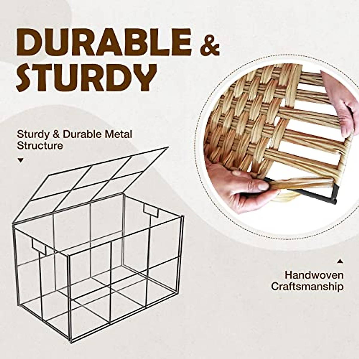 Greenstell Storage Basket with Lid, Handwoven Large Shelf Basket with Cotton Liner and Metal Frame, Foldable & Easy to Install, Storage Box Basket Bin with Handle for Bedroom, Laundry Room 65L (Natural, 22.2x13.4x13.4 inch)