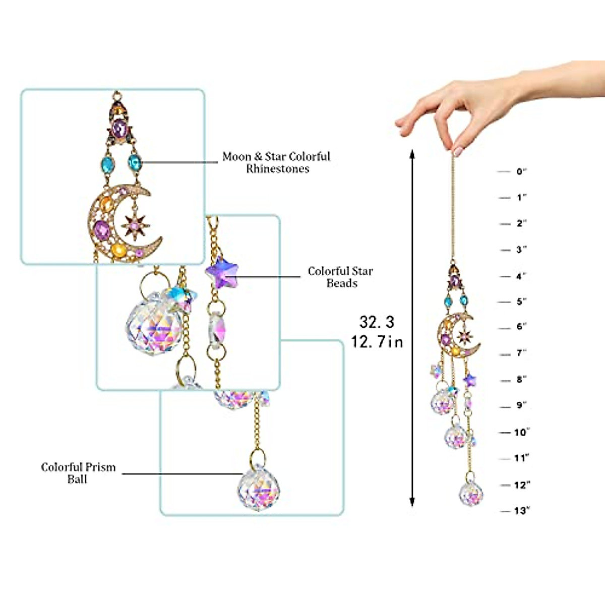 Handmade Crystal Moon&Star Prisms Suncatchers, Glass Window Hanging Ornament, Rainbow Rhinestones Decor for Home Garden