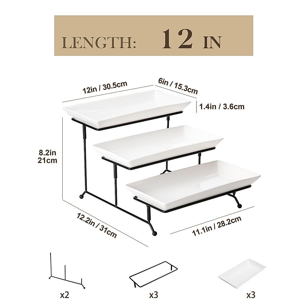 MALACASA 3 Tier Serving Trays for Party, Porcelain Serving Platters and Trays, 12 Inch Tiered Tray Stand, Fruit Tray, Trays for Serving Food, White Dessert Stand with Collapsible Sturdier Metal Rack