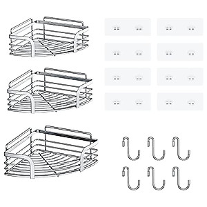 3 Pack Corner Shower Caddy: Adhesive Stainless Steel No-drilling Bathroom Organizer for 90° Corners- Installed in Minutes, Heavy Duty Shower Shelves for Storage- 6 Metal Hooks with Caps, 8 Adhesives
