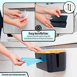 BAGSWAY Trash Bag Holder with Wooden Lid - Wall-Mounted Bag Dispenser with Metal Hook & Sticker to Hang - Versatile Organization for Countertop - Trash Bag Dispenser for Clean and Tidy Spaces