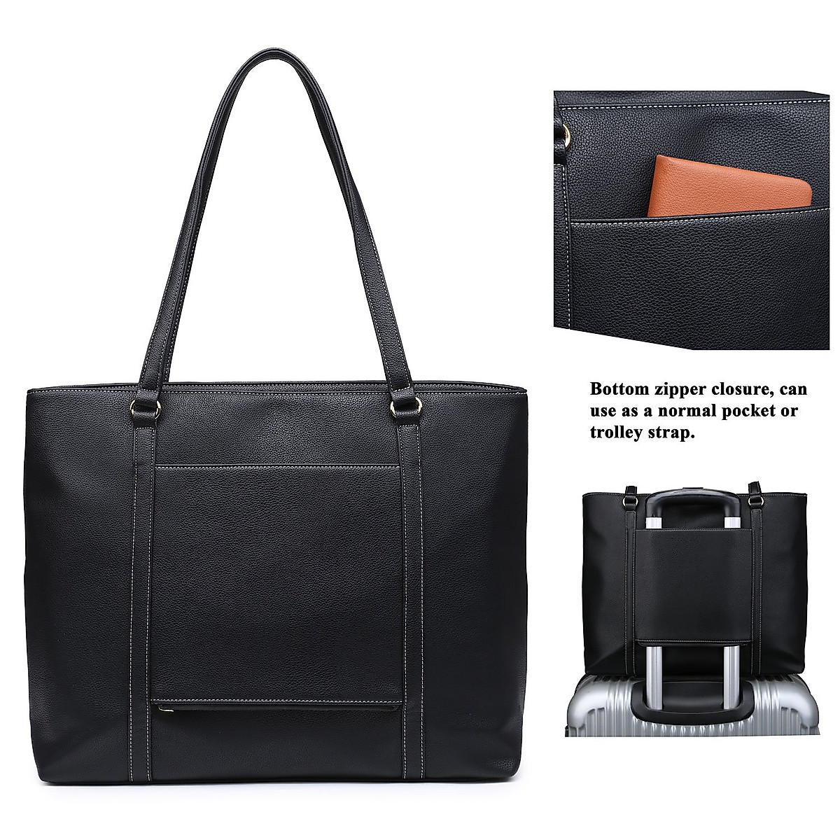 NNEE Classic Laptop Leather Tote Bag for 15 15.6 inch Notebook Computers Travel Carrying Bag with Smart Trolley Strap Design - Black