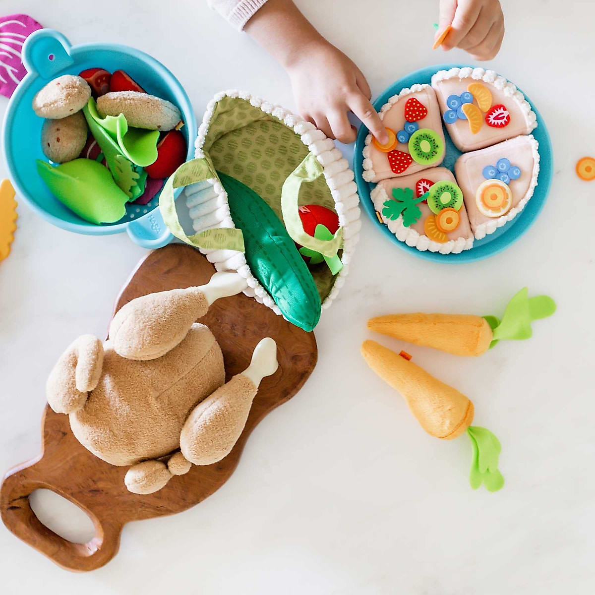 HABA Biofino Vegetable Basket - Soft Plush Pretend Play Food Includes Carrier, Cucumber, Tomato, 2 Carrots and 3 Potatoes for Ages 3+