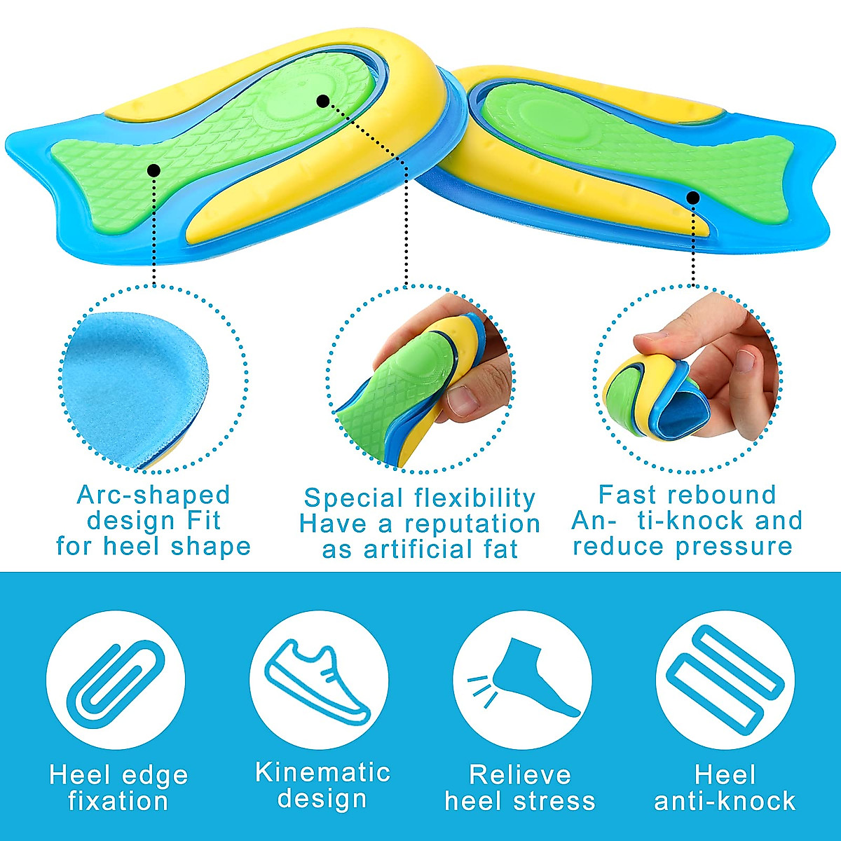 Janmercy 3 Pairs Kids Heel Cups for Heel Pain Sensitive Spurs Relief Sport Traction Shock Absorbing Lightweight Gel Pads with Plantar Fasciitis or Ankle Pain in 3 Colors(Kid's Size 3-7)