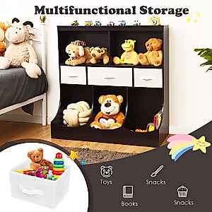 HONEY JOY Kids Toy Storage Organizer with Bookcase, 8-Cubby Organization Storage Cabinet w/Display Shelf & 3 Removable Fabric Bins, Wooden Toy Storage Unit for Playroom, Nursery Daycare(Espresso)