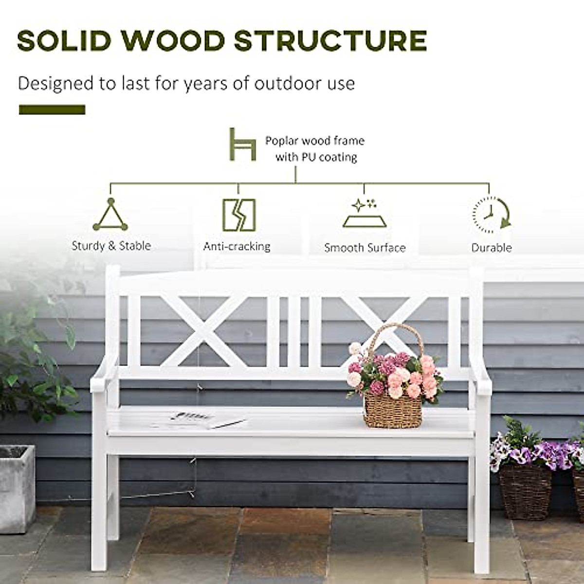 Outsunny 2-Seater Wooden Garden Bench, 4FT Outdoor Patio Loveseat for Yard, Lawn, Porch, White