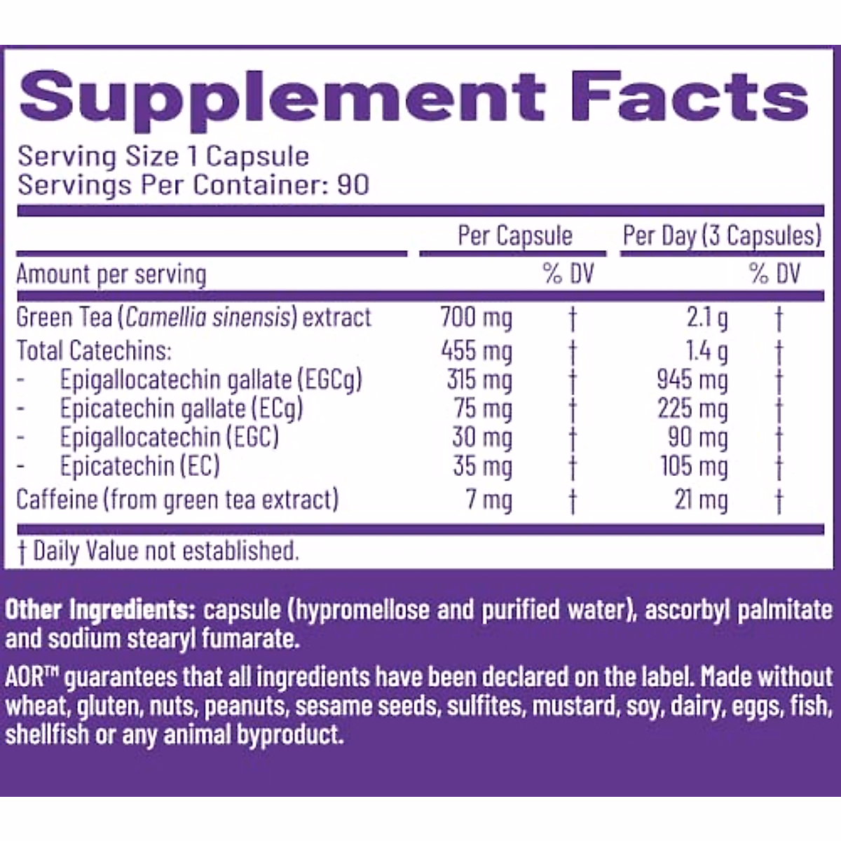 AOR, Active Green Tea, Natural High-Potency Green Tea Extract, with EGCG Catechins (150 mg), Vegan Take Daily, 90 capsules (30 servings)