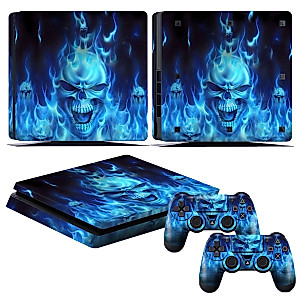 PS4 Slim Skins - Decals for PS4 Controller Playstation 4 Slim - Stickers Cover for PS4 Slim Controller Sony Playstation Four Slim Accessories with Dualshock 4 Two Controllers Skin - Blue Fire