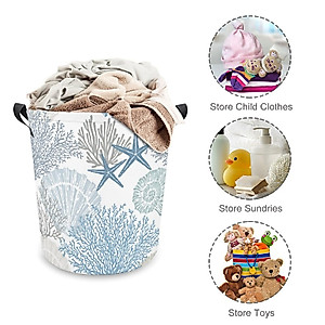 Laundry Basket Ocean Coastal Coral Starfish Seahorse,Waterproof Collapsible Clothes Hamper Blue Sealife Sea Shell,Large Storage Bag for Bedroom Bathroom