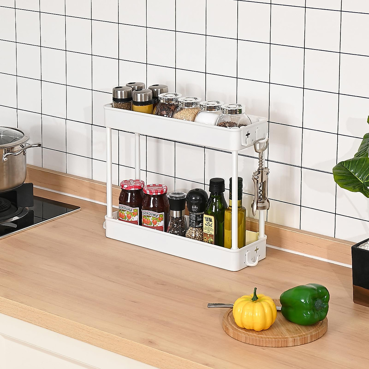 TOOLF Slim Rolling Storage Cart, 3 Tier Utility Cart on Wheels with Hooks, Bathroom Rolling Cart Organizer, Thin Mobile Shelving Unit for Laundry Kitchen Dorm for Nursery Diaper Craft Snack, White