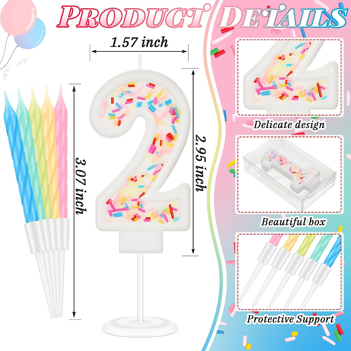 MTLEE Number 2 Happy Birthday Candle 3D Number Candle with Sprinkles Cute Number Candles Cake Topper with 10 Long Thin Rainbow Spiral Candles for Girls Women Anniversary Wedding Party Decor