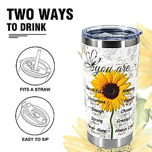 Christian Gifts for Women 20oz Sunflower Tumbler Stainless Steel Double Wall Vacuum Insulated Coffee Mug Travel Cups for Wife Mom Daughter Sister Friend Coworker, Metal Straws and Brush