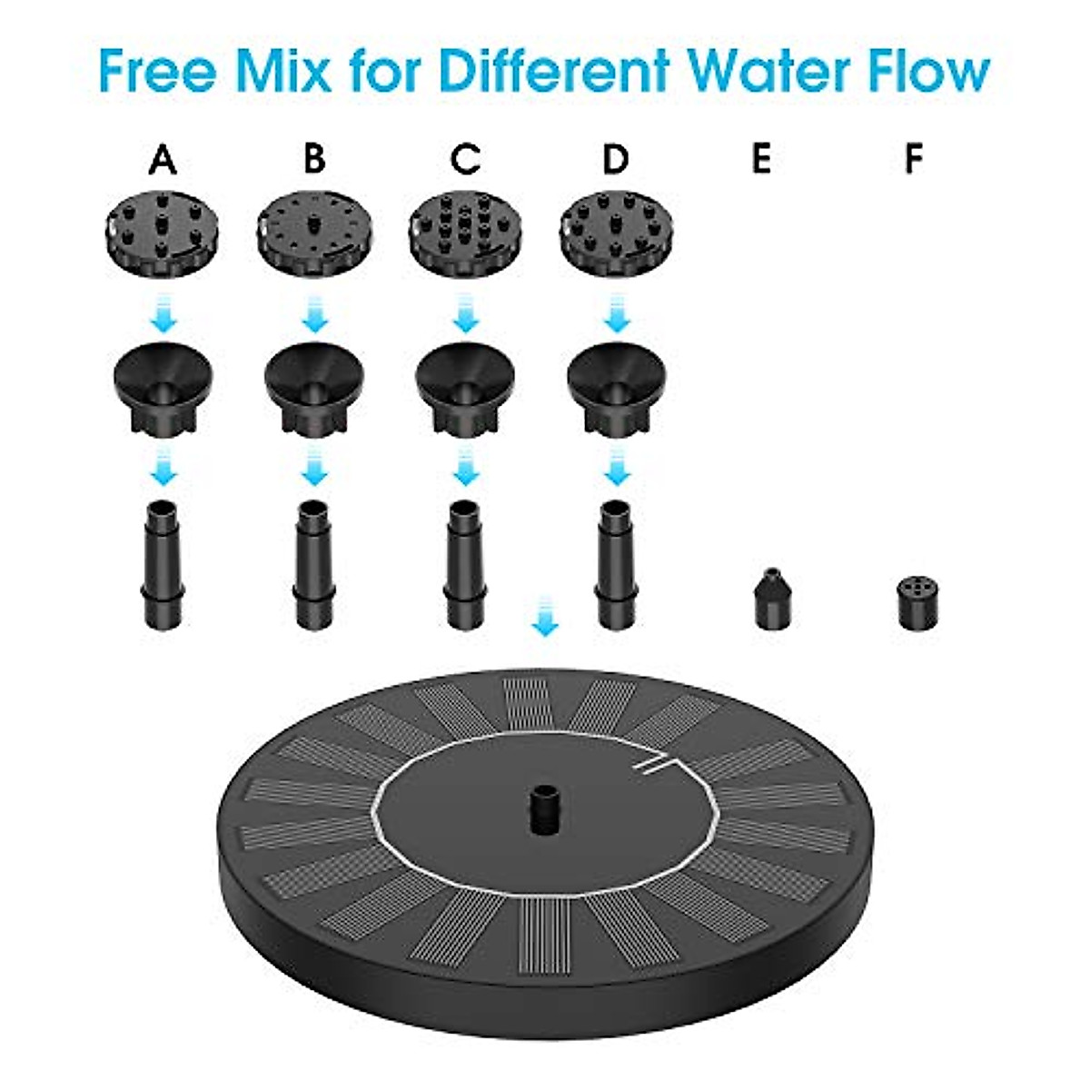 2.5W Solar Fountain Pump with 1200mAh Battery, Solar Water Pump Floating Fountain with 6 Nozzles, for Bird Bath, Fish Tank, Pond or Garden Decoration Pond heaters for Outdoor Ponds