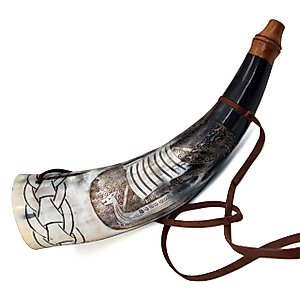 Viking War Horn - 16" Genuine Ox-Horn Battle Trumpet - Premium Hand Engraved BOAT Horn Viking Norse Cattle Ancient Horn Bugle Hunting Tool BATTLE HORN BLOWING HORN VIKING BUGLE HORN With Wooden Stand