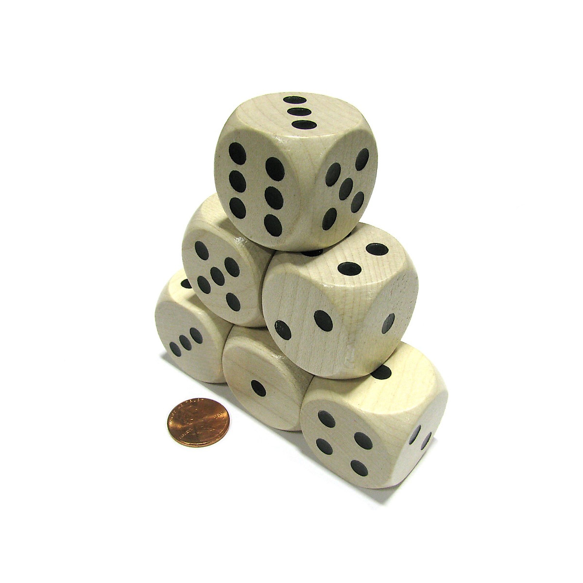 Koplow Games Set of 6 D6 Large Jumbo 30mm Rounded Wood Dice - Wooden with Black Pips