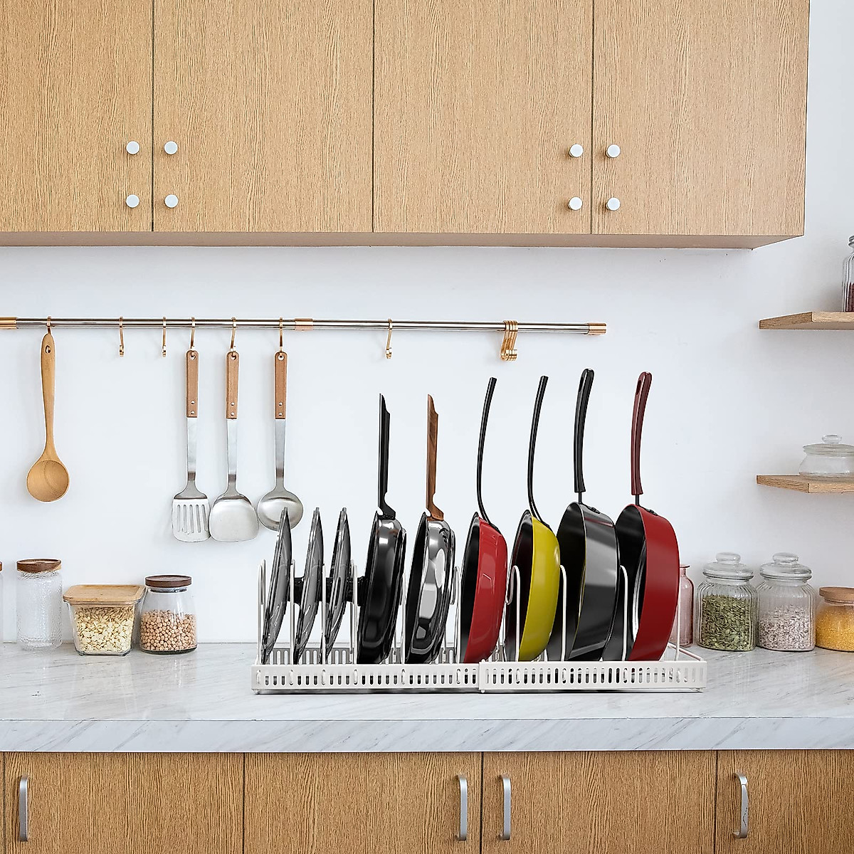 Puricon Expandable Pot and Pan Organizer for Cabinet with 10 Dividers, Adjustable Pots and Pans Organizer Rack Pan Lid Cookware Bakeware Baking Storage Holder for Kitchen Countertop Pantry -White