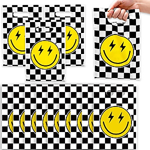 Whaline 72Pcs One Happy Dude Party Favor Bags Smile Face Checkered Plastic Treat Bags Goodie Candy Bags for Birthday Baby shower Party Gift Wrapping Supplies