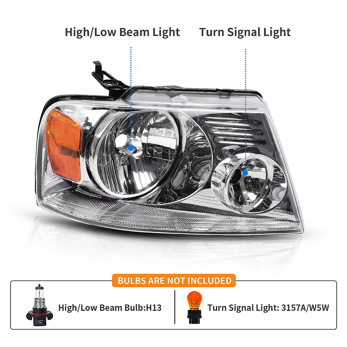 DWVO Headlight Assembly Compatible with 2004 2005 2006 2007 2008 Ford F150 Pickup 2006 2007 2008 Lincoln Mark LT Passenger and Driver Side Chrome Housing Amber Reflector