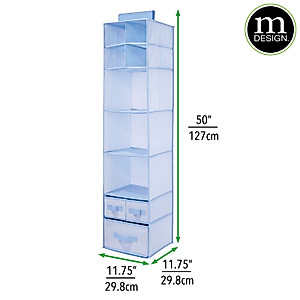mDesign Soft Fabric Over Closet Rod Hanging Storage Organizer with 7 Shelves and 3 Removable Drawers for Child/Kids Room or Nursery - Herringbone Print - Blue