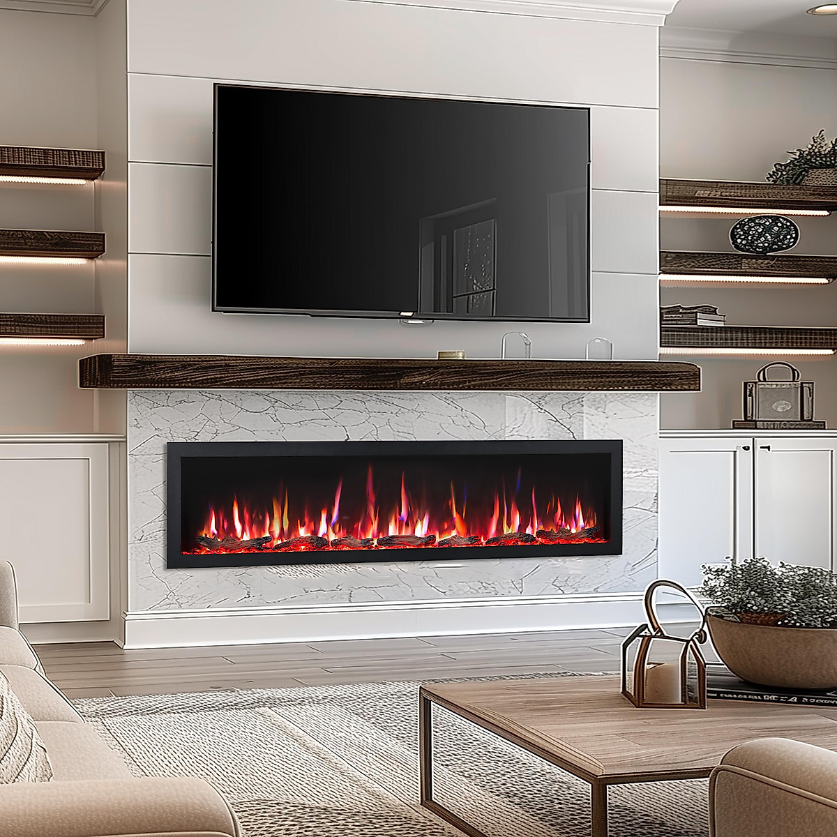 PuraFlame Bernice 72 Inch Smart Linear Electric Fireplace - Clean Hidden Vent Design, Flame with 9 Colors, Recessed in-Wall or Wall-Mount or Free Standing, Compatible with Alexa and Google Assistant