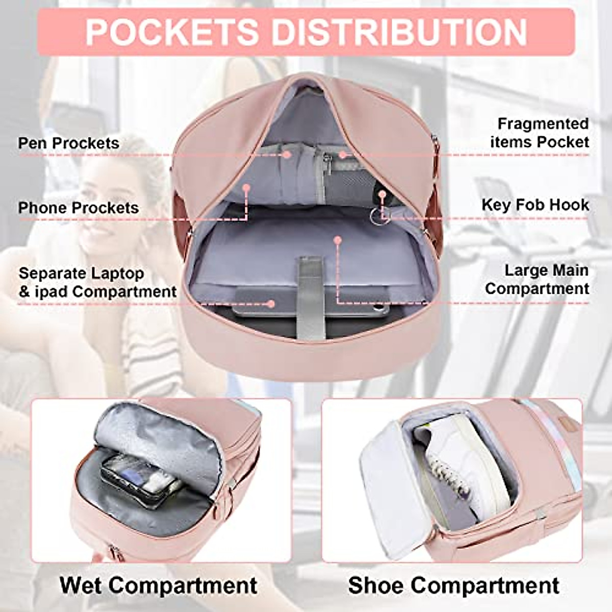 Ytonet Gym Backpack For Women, Travel Backpack with Shoe Compartment & Wet Pocket 15.6 Inch Womens Laptop Backpack Girls College School Bookbag, Water Resistant Anti Theft Bag Backpack Gifts, Pink