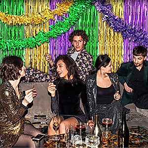 9 Pieces Mardi Gras Party Decoration Gold Purple Green Metallic Foil Curtains Mardi Gras Fringe Curtains Shimmer Curtain Tinsel Garland for Carnival Bunting Party Decoration