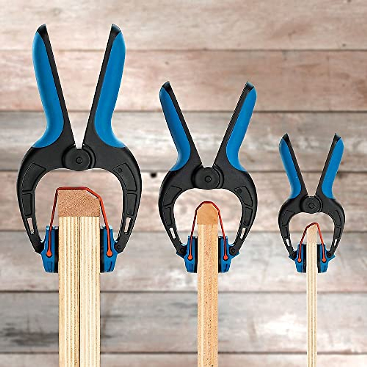 Medium Spring Clamps (Pair) – Easy Squeeze Bandy Clamps Woodworking for Thinner Stock, & Delicate Moldings – One-Handed Operation Medium Clamps – Easy to Grip Nylon Hand Clamps w/Fiberglass