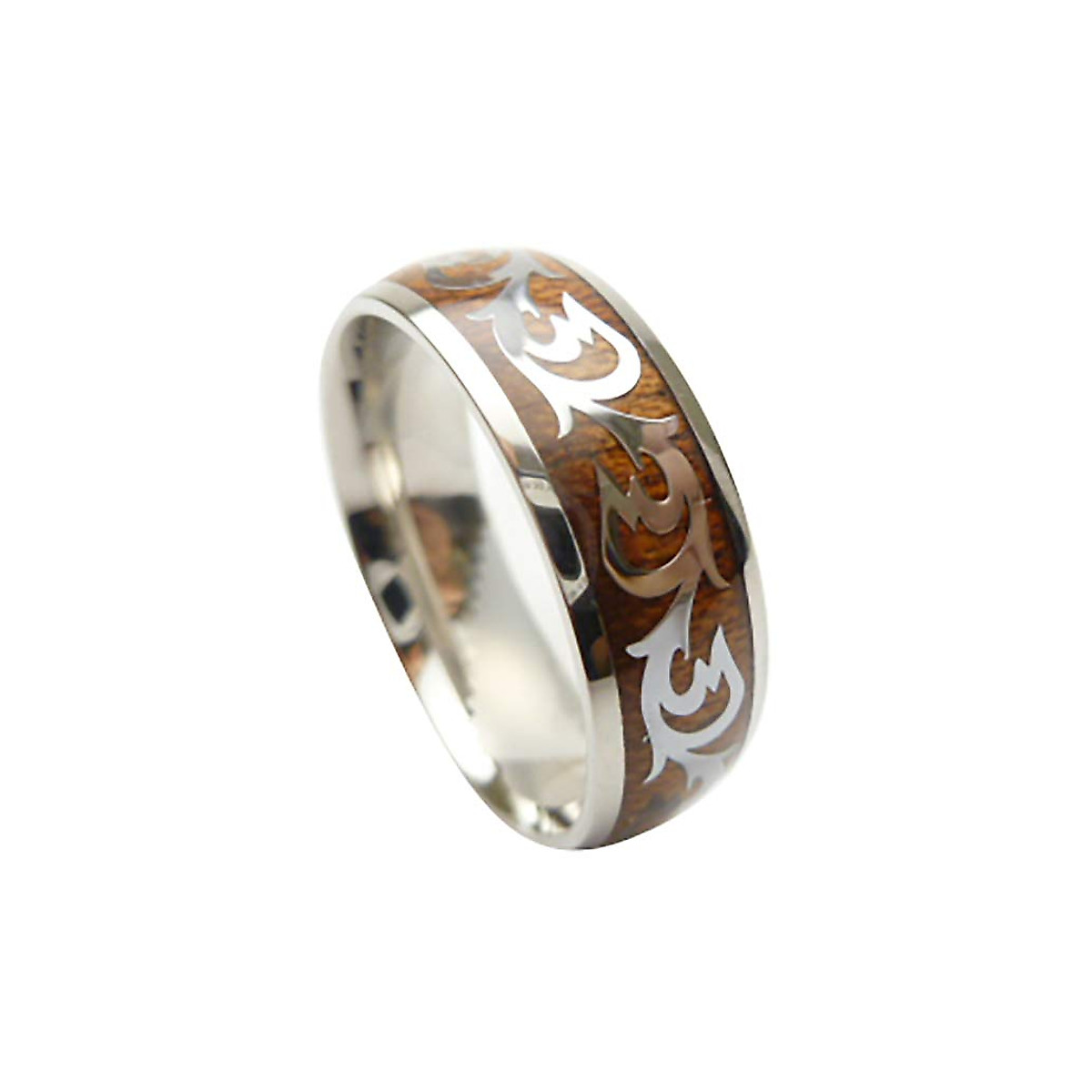 Island Sense Natural Hawaii Koa Wood Stainless Steel With Tribal Wave Design Curved Top 8mm Wide Comfort Fit Wedding Band, Engagement, or Promise Aloha Ring (10)