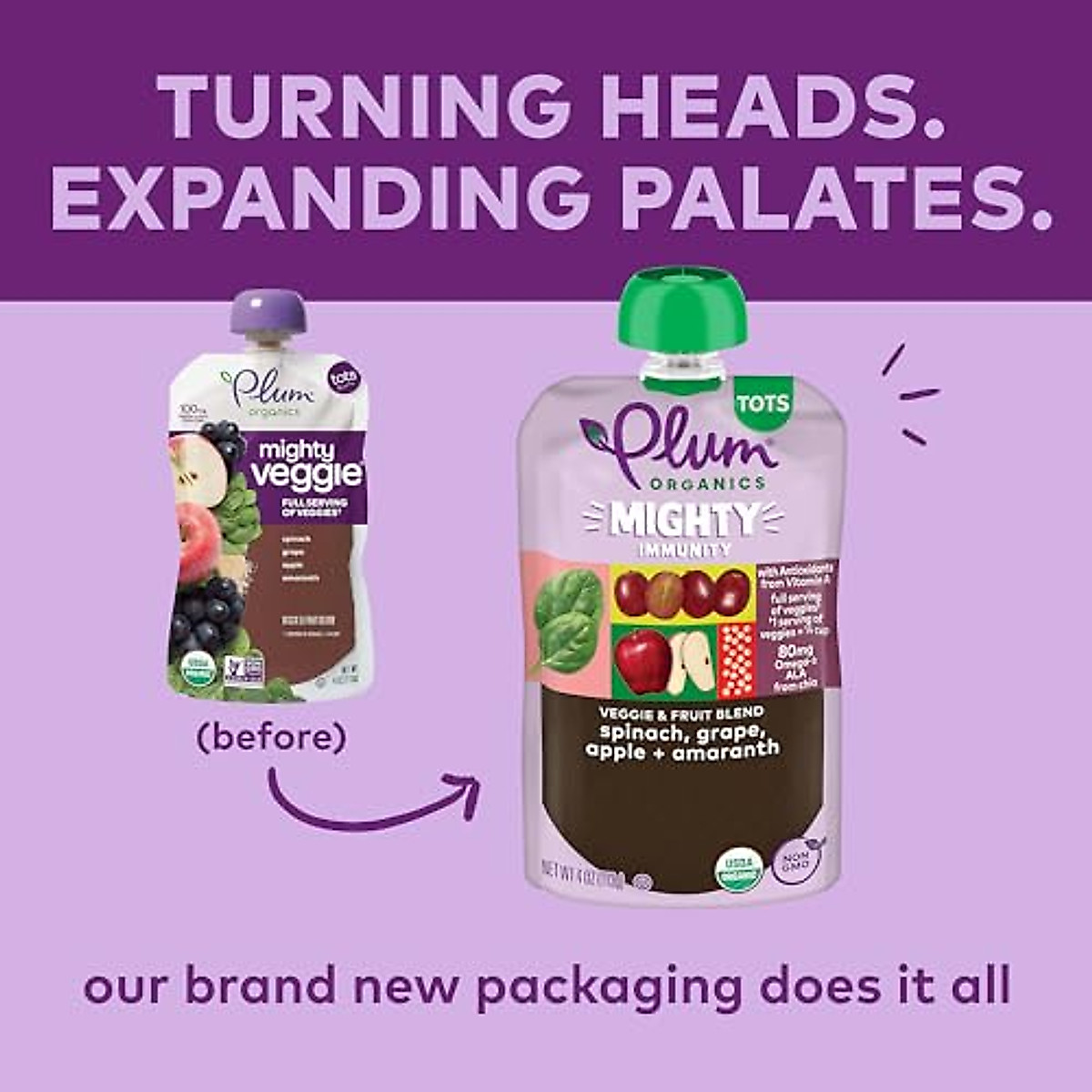 Plum Organics Mighty Veggie Blends Organic Baby Food Meals [12+ Months] Spinach, Grape, Apple & Amaranth 4 Ounce Pouch (Pack Of 6) Packaging May Vary