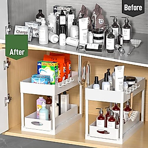 PUILUO Under Sliding Cabinet Basket Organizer, 2 Tier Under Sink Organizers White Under Sink Storage for Bathroom Kitchen