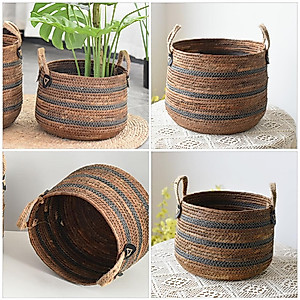 Cabilock Woven Storage Basket Straw Planter Basket Toy Blanket Organizer Bin Laundry Hamper With Handles Wicker Basket Sundries Case Container for Home Decor