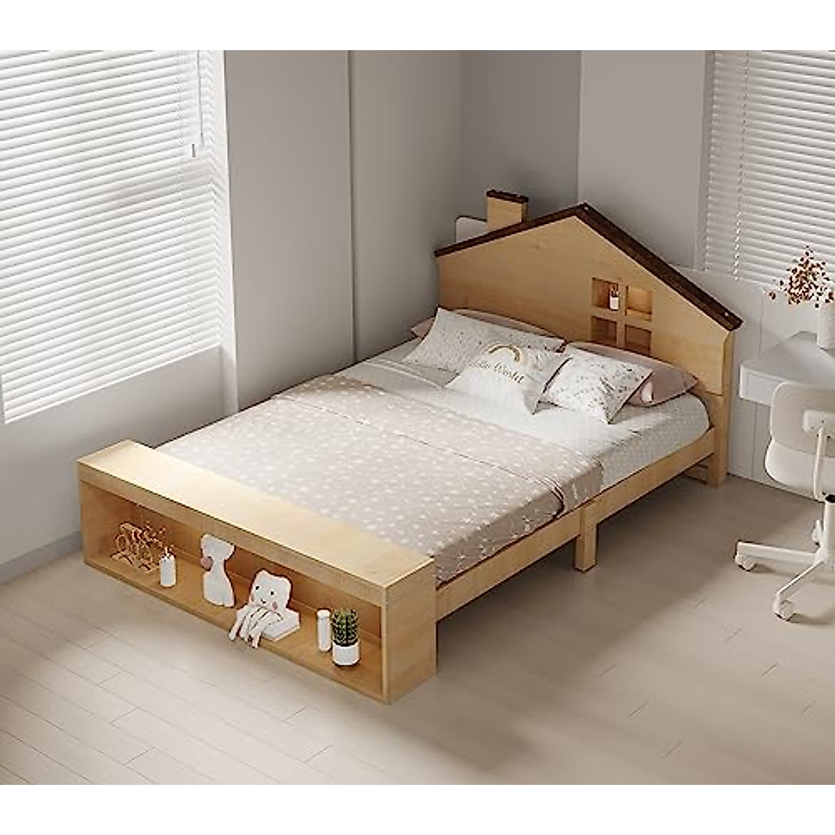 Melpomene Full Size Wood House Bed with LED Lights, Kids Platform Bed Frame with Storage Footboard for Girls, Boys,Natural