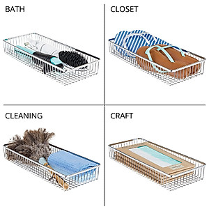 mDesign Metal Farmhouse Kitchen Cabinet Drawer Organizer Basket Tray, Shallow Storage Bin for Cutlery, Serving Spoons, Cooking Utensils, Appliances, Gadgets, Unity Collection, 15" Long, 2 Pack, Chrome