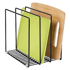 mDesign Steel Storage Tray Organizer Rack for Kitchen Cabinet - Divided Holder with 3 Slots for Skillets, Frying Pan, Pot Lids, Cutting Board, Baking Sheets - Concerto Collection - Black