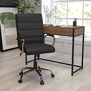 Merrick Lane Milano Contemporary Mid-Back Black Faux Leather Home Office Chair with Padded Gold Arms