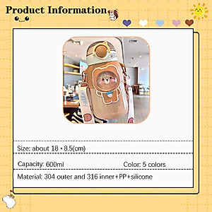 FEUSEUZ Kawaii Water Bottle Cute Little Bear Water Bottle with Shoulder Strap Stainless Steel Thermal and Cold Water Bottle (Coffee,600ml)